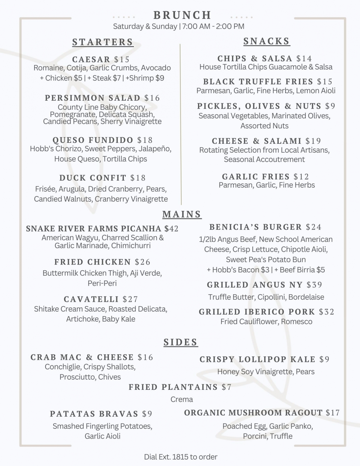 In room dining menu | The Lodge at Sonoma