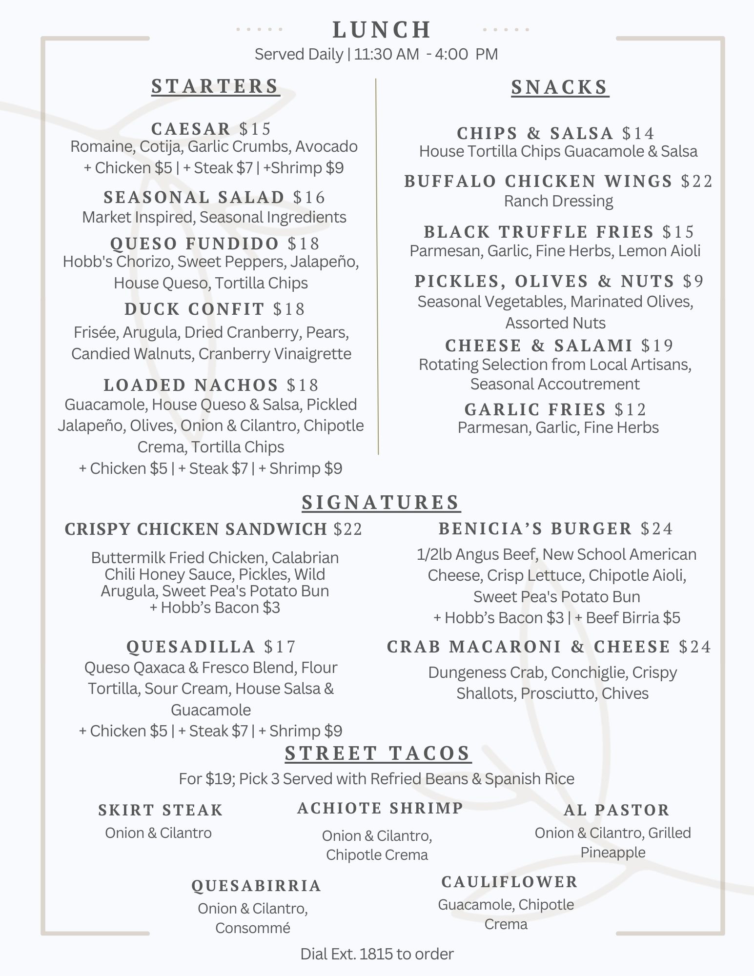 In room dining menu | The Lodge at Sonoma