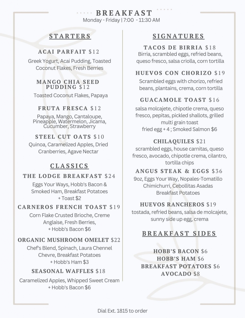 In room dining menu | The Lodge at Sonoma