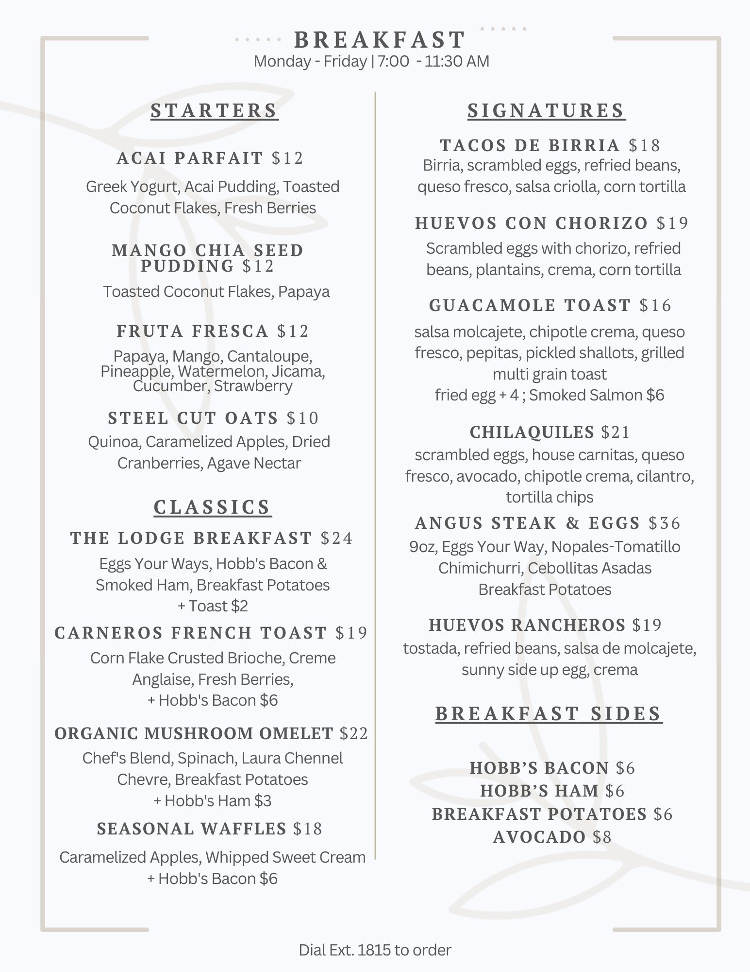 In room dining menu | The Lodge at Sonoma