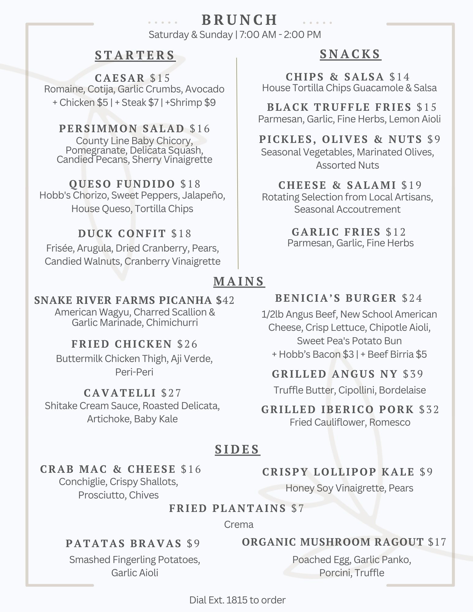 In room dining menu | The Lodge at Sonoma